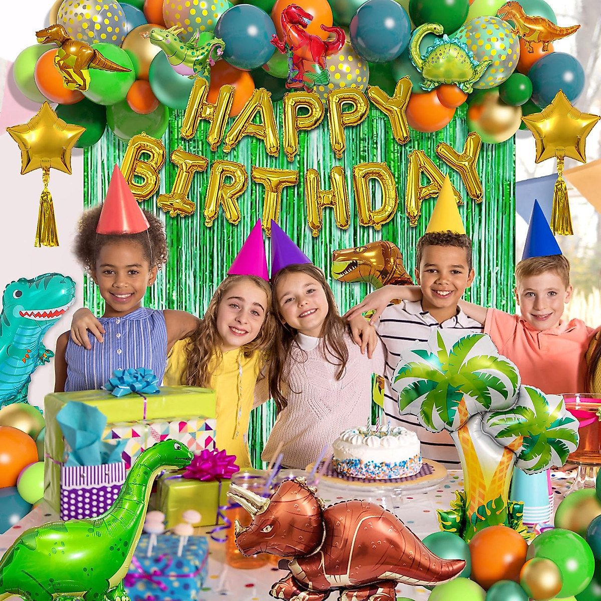 Dinosaur Birthday Party Decorations Supplies, 125Pcs Dinosaur Green Orange Blue Balloons Garland Arch Kit Happy Birthday Dino Foil Balloon Curtain for Kids Boys Dino Jungle Safari Baby Shower Party