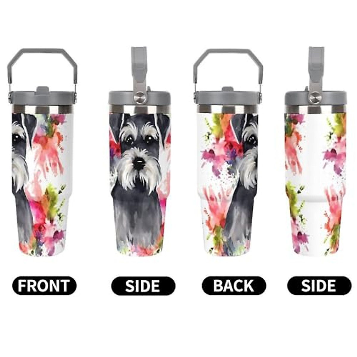 HJUQNGF 30oz Stainless Steel Insulated Tumbler with Flip Lid & Straw, Leakproof Travel Mug for Car, Schnauzer Double Wall Vacuum Thermal Coffee Cup with Handle, Spill-Proof Design for Hot/Cold Drinks