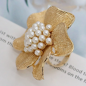 HSQYJ Fashion Adjustable Pearl Crystal Flower Cocktail Statement Ring Rhinestone FloraL Engagement Wedding Bands Rings Luxury Jewelry for Women Gift Gold Silver Plated (Flower)
