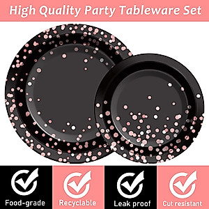 96PCS Black and Rose Gold Party Supplies Rose Gold Paper Plates Napkins Women Birthday Decorations Party Tableware Set Black Disposable Paper Plates Table Decors for Wedding Bridal Shower Serve 24