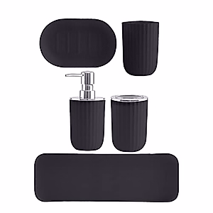 MagiDeal Bathroom Accessories Set, Tumbler, Lotion Dispenser Bottle, Brush Holder, Soap Dish, Tray, Modern Bath Necessities Stuff Decor Neat, Black