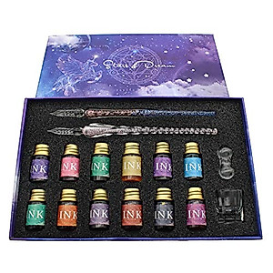 XIAOYU Glass Dip Pen Set, 16 Pieces Calligraphy Pen Set Includes 2 Crystal Glass Pens, 12 Colors Ink, Cleaning Cup, Pen Holder, Pink