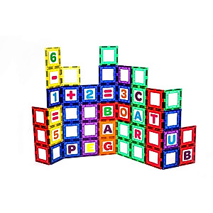 Playmags Magnetic Tile Building Set: Exclusive Educational Clickins – 80-Pc. Kit: 40 Super Strong Clear Color Magnet Tiles Windows & 40 Letters & Numbers – Stimulate Creativity & Brain Development