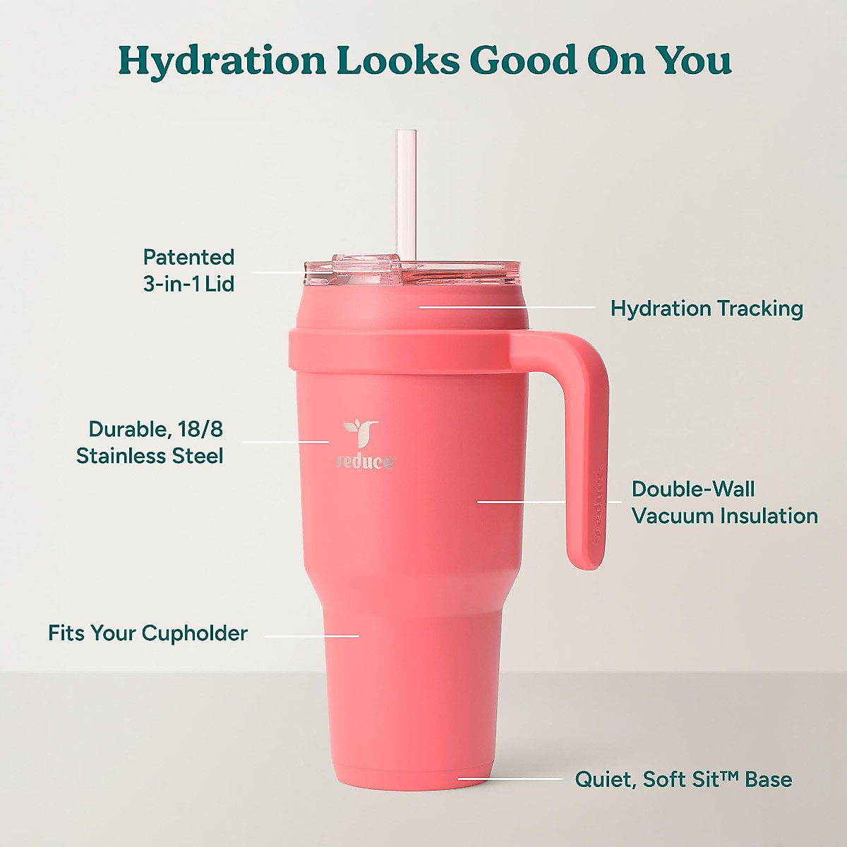 REDUCE 40 oz Stainless Steel Tumbler with Handle - Dual-Wall Vacuum Insulated Travel Mug, Sweat-Proof Lid & Reusable Straw - Keeps Drinks Cold for 24 Hrs, Fits Cupholders, Dishwasher Safe - Daiquiri