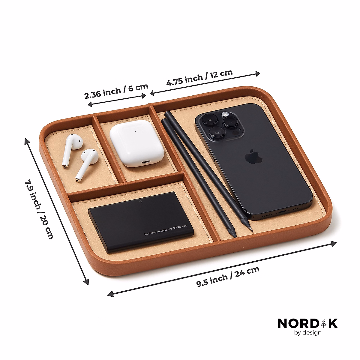 Nordik Leather Valet Tray - Sand Brown - Premium Vegan Leather Stylish and Organized Nightstand Tray for Men - EDC Catchall Tray for Keys, Watch, Wallet, Jewelry - Modern Bedside Caddy