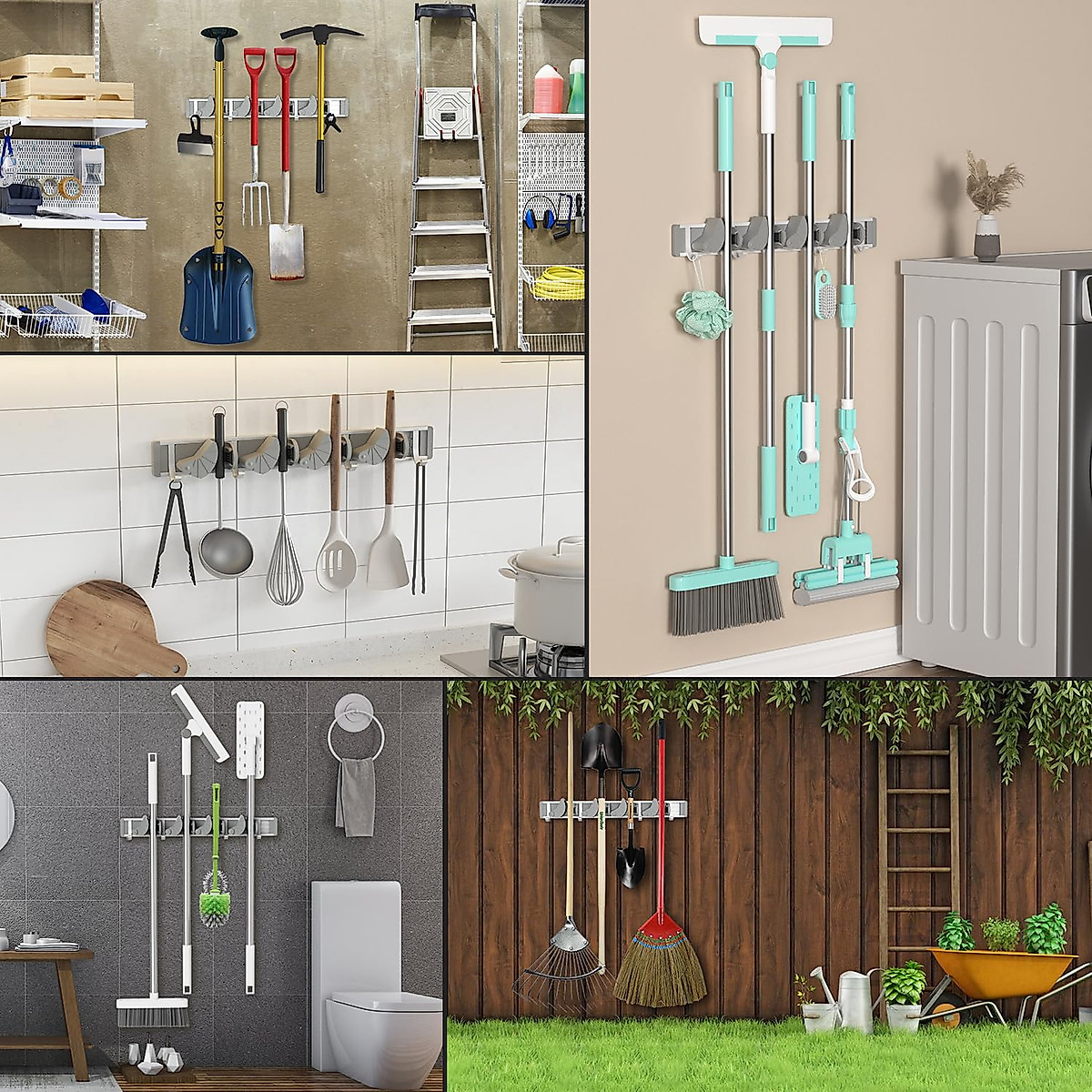 Holikme Mop Broom Holder Wall Mount Metal Pantry Organization and Storage Garden Kitchen Tool Organizer Wall Hanger for Home Goods (4 Positions with 4 Hooks, Silver)