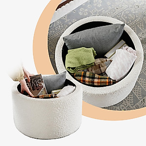 ONEVOG Large Ottoman Round Storage Ottoman with Wooden Lid, Living Room Round End Table No Assembly Required, Durable Boucle Fabric, Multipurpose End Table Support 300lbs