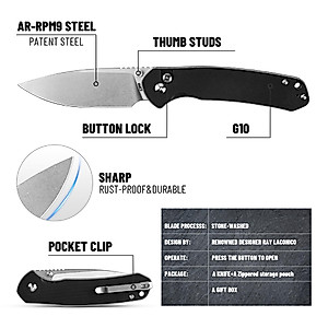CJRB CUTLERY Pocket Knife Pyrite (J1925L) Button Lock EDC Large Foldable Knife AR-RPM9 Steel Blade and G10 Handle Black Outdoor for Women Men for Gifts