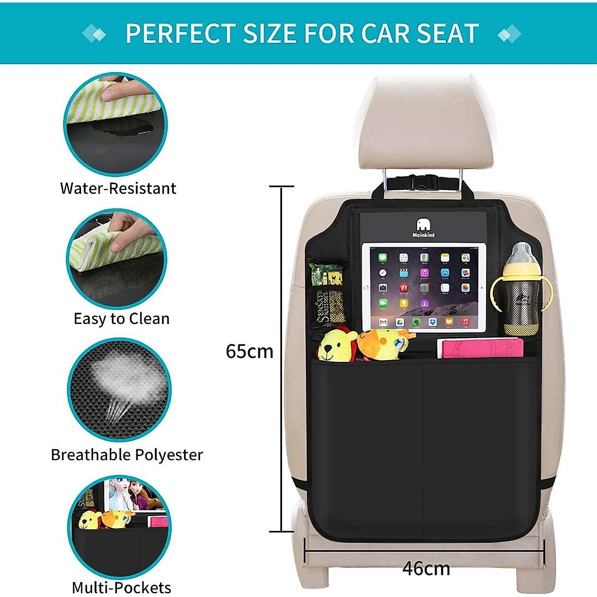 Meinkind Car Backseat Organizer, 2-Pcs Car Seat Protector Back Seat Organizer Kick Mats with Clear Screen Tablet Holder, Water-Proof Car Seat Organizer, Travel Organizer for Kids and Toddler, Black