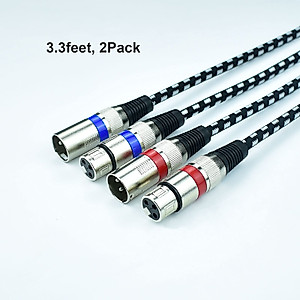 Mugteeve Short XLR Microphone Cables 3.3FT, Heavy Duty 3pin Balanced XLR Male to Female Mic Audio Cable, Nylon Braided, OFC Shielded, for Mixer Speaker Patch Cable, 2Pack