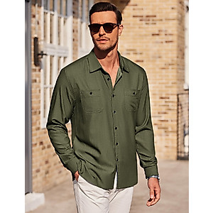 COOFANDY Mens Casual Dress Shirts Slim Fit Button Down Shirt with Two Chest Pockets Army Green