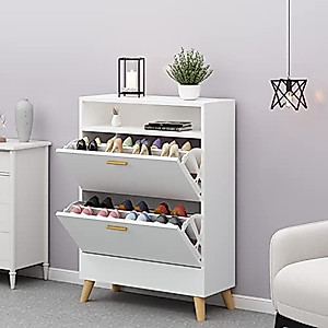 Gyfimoie Shoe Storage Cabinets, Free Standing Shoe Organizer with 2 Flip Drawers for Entryway, Narrow 3 Tier Entryway Hidden Shoe Rack with Doors (Off White)