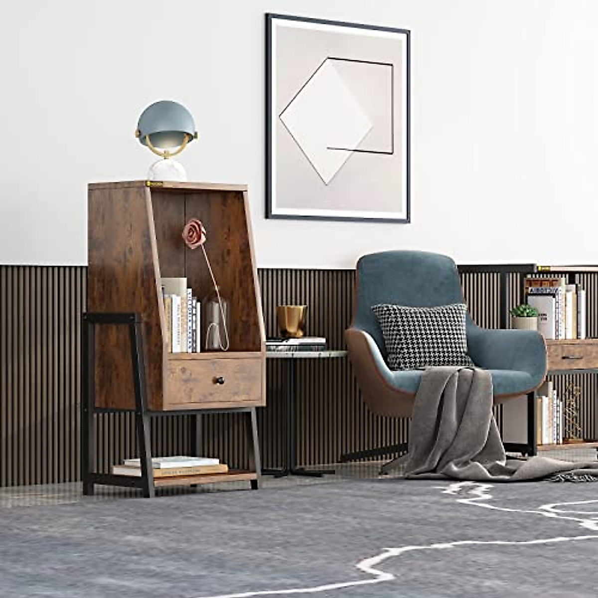 ALISENED Small Ladder Shelf with Drawer, 2 Tier Wood Narrow Bookcase&Nightstand, Storage Organizer Shelving Cabinet with Metal Frame for Bedroom, Library, Living Room, Home, Office, Rustis Brown