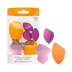 Real Techniques Miracle Complexion Assorted Beauty Sponges Makeup Blender, For Blending & Sculpting, Full Coverage, Professional Makeup Tool, Cruelty Free, Vegan, Latex Free, 6 Piece Sponge Set