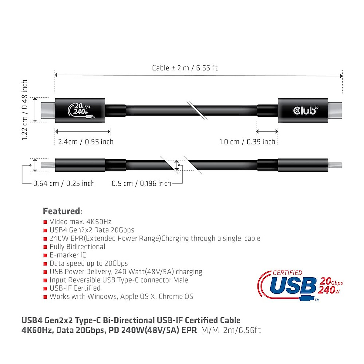 Club 3D CAC-1575 USB4 Gen3x2 Type C to Type C Bi-Directional Cable with 240W Charging, 20Gbps Data Transmission and Supports 4K60Hz Video 2m - 6.56ft