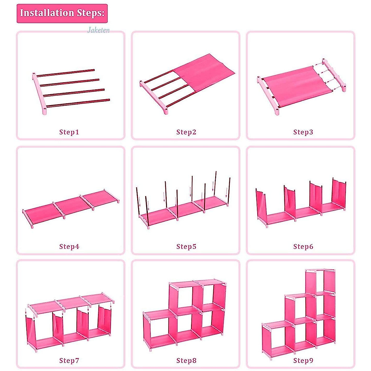 OPPSDECOR 9-Cubes Bookshelf, 4 Tier Shelf Adjustable DIY Bookcases for Kid, Book Shelf Organizing Storage Shelving Cabinet for Bedroom Living Room Office (Pink)