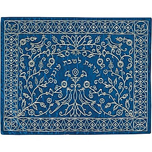 Challah Cover For Jewish Bread Board - Yair Emanuel MACHINE EMBROIDERED CHALLA COVER PAPER CUT SILVER ON BLUE
