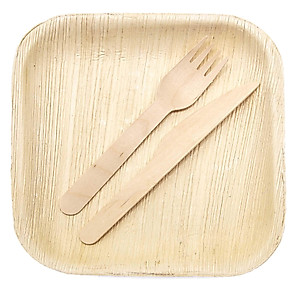 Ecodeco Palm Leaf Compostable Plates - 50 pcs - Square - Disposable Eco Friendly Like Bamboo Party Plates with Cutlery - 8 Inch