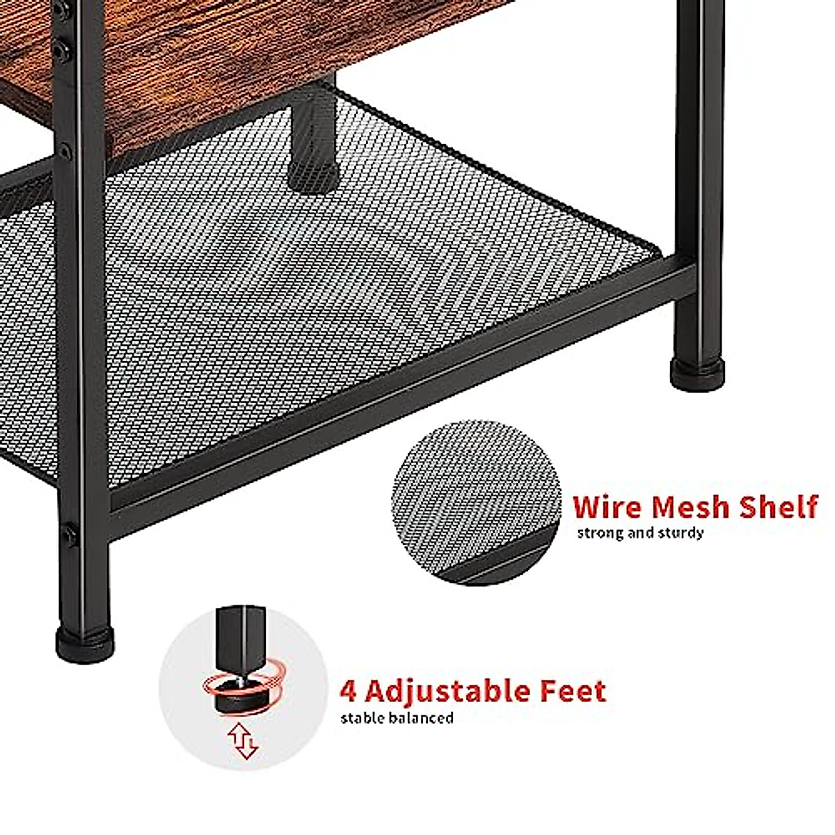 LAKEMID Nightstands Set of 2 with Charging Station and Drawer, End Table Side Table with 20 Colors LED Light Strip and 2 Layers Shelf for Bedroom Living Room Sofa (Rustic Brown)