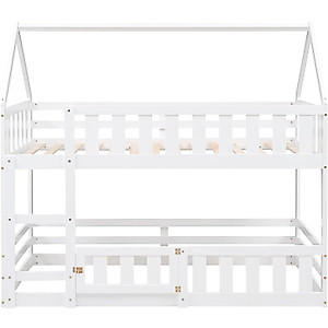 MERITLINE House Bunk Bed with Fence and Door, Wood Kids Bunk Beds Twin Over Twin with Roof, Floor Bunk Bed Loft Beds for Girls Boys, Easy Assembly, White