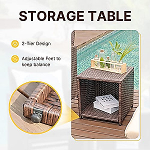 OC Orange-Casual 5 Pcs Patio Conversation Set Balcony Furniture Set with Beige Cushions, Brown Wicker Chair with Ottoman, Storage Table for Backyard, Garden, Porch