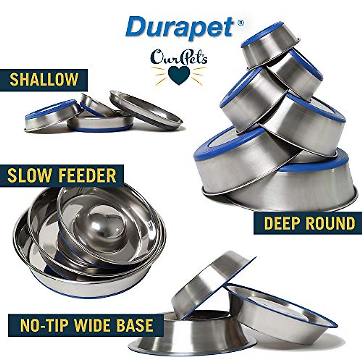OurPets DuraPet Premium Dishwasher Safe Stainless Steel Dog Bowl for Food or Water [Multiple Sizes for Small to Large Dogs] in Traditional or Wide Base Design - 7 CUP