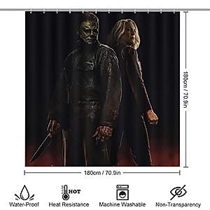 4Pcs Halloween Ends Shower Curtain Set with Non-Slip Rugs, Toilet Lid Cover and Bath Mat, Halloween Michael Myers Bathroom Decor Sets with 12 Hooks 70.9 X 70.9 Inches