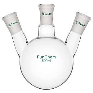 FunChem Three Necks Round Bottom Flask RBF, Glass 3-Neck Boiling Flask with 24/40 Standard Taper Outer Joint (500 mL)
