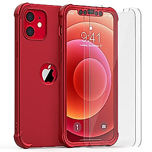 ORETECH Designed for iPhone 12 Case, Compatible with iPhone 12 Pro Case with 2 x Tempered Glass Screen Protector Shockproof Protective Soft TPU Silicone Phone Case for iPhone 12/12 Pro Case-6.1''Red