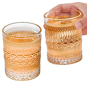 Coloch 6 Pack 11 Oz Romanstic Drinking Glasses, Embossed Water Glasses Vintage Heavy Base Whiskey Glasses Clear Glass Tumblers for Juice, Beverages, Cocktail, Coffee, Bar, Restaurant, Kitchen