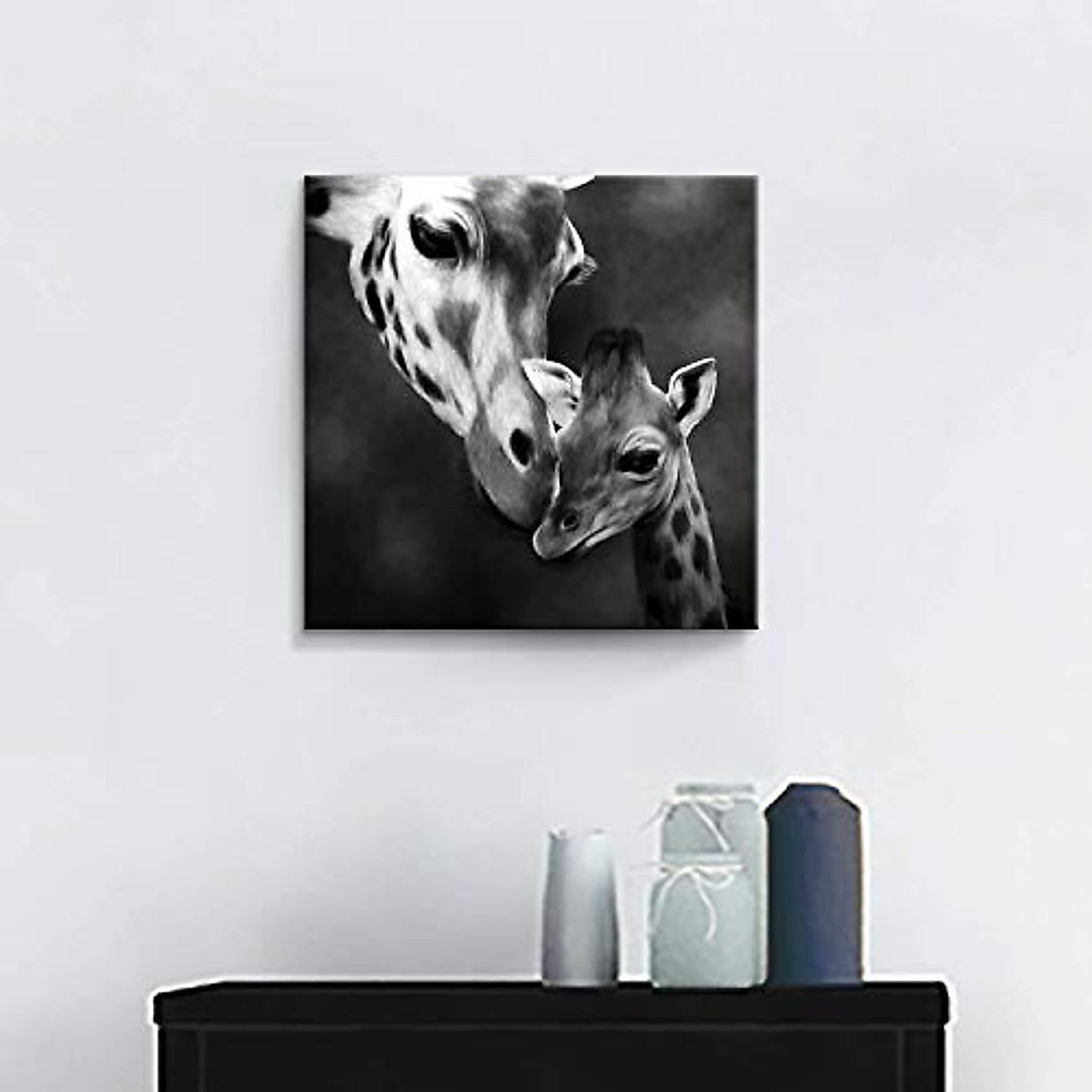 Giraffe Canvas Wall Art Painting: Animal Mama and Baby Kiss Artwork Prints for Decor (12”x12”)