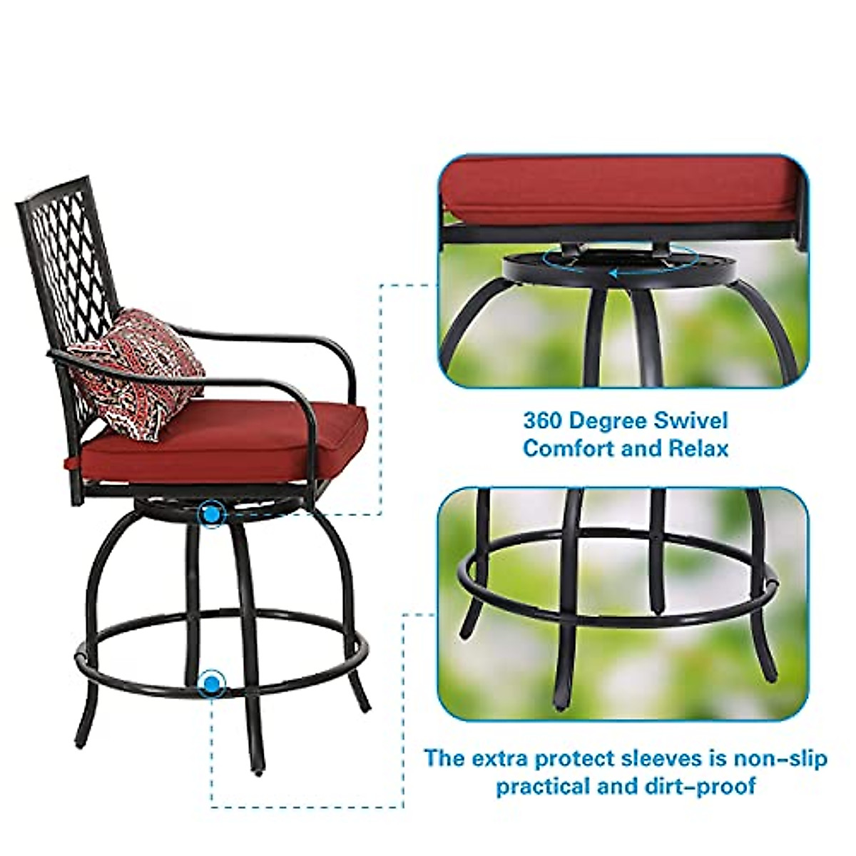 PHI VILLA Patio Stools Set of 4 with Red Cushions,Outdoor Metal Swivel Bar Height Chairs for Home Patio, Back Yard, Cafes, Bistro, Restaurants and Chic Bars