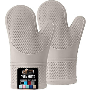 Gorilla Grip Heat and Slip Resistant Silicone Oven Mitts Set, Soft Cotton Lining, Waterproof, BPA-Free, Long Flexible Thick Gloves for Cooking, Kitchen Mitt Potholders, 12.5 in, Almond