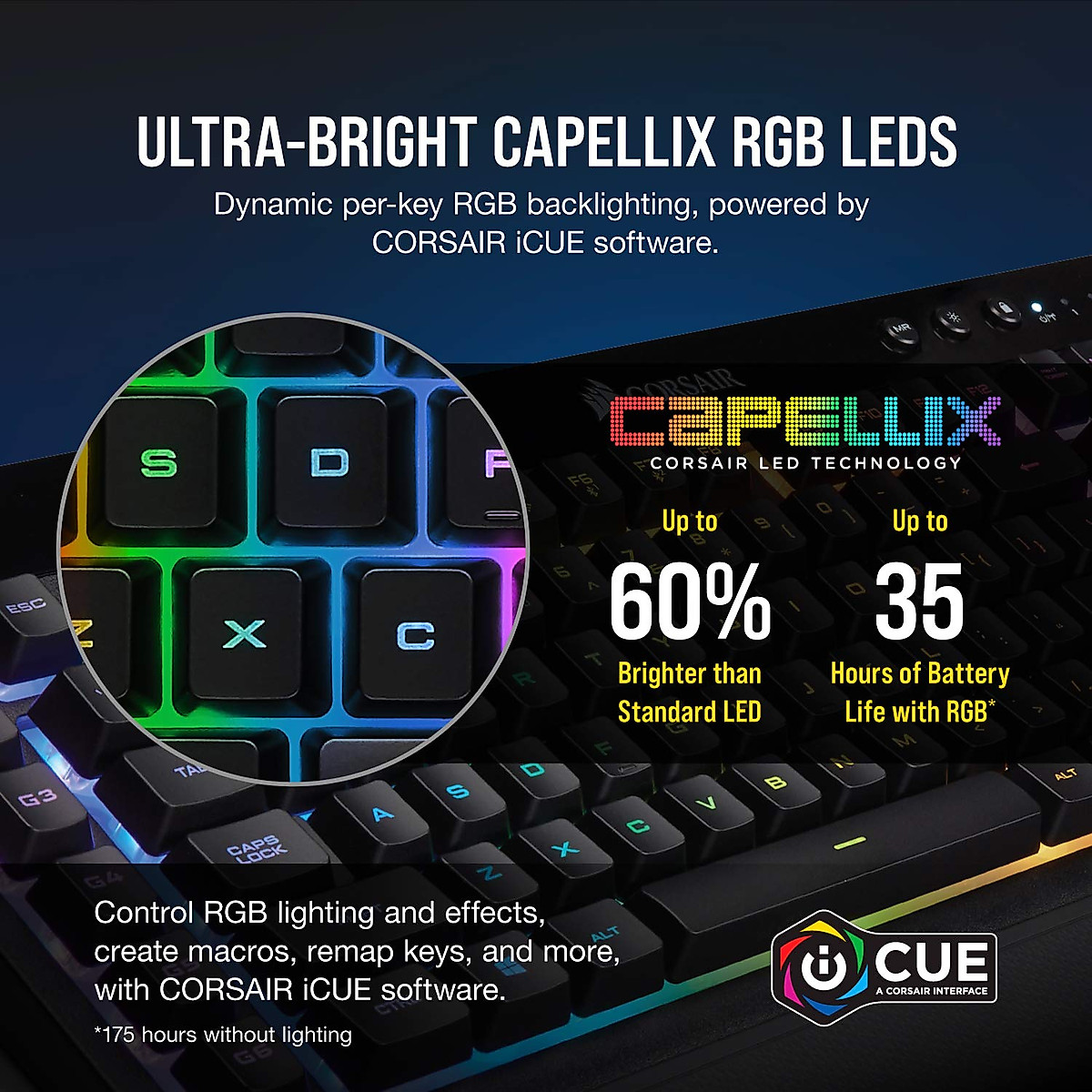 CORSAIR K57 RGB Wireless Gaming Keyboard - <1ms response time with Slipstream Wireless - Connect with USB dongle, Bluetooth or wired - Individually Backlit RGB Keys, Black