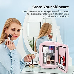 Tiastar Mini Fridge, 4 Liter /6 Cans Skincare Fridge for Bedroom, Dorm, Car, Office, 110V AC/ 12V DC Small Fridge, Thermoelectric Cooler and Warmer, Pink