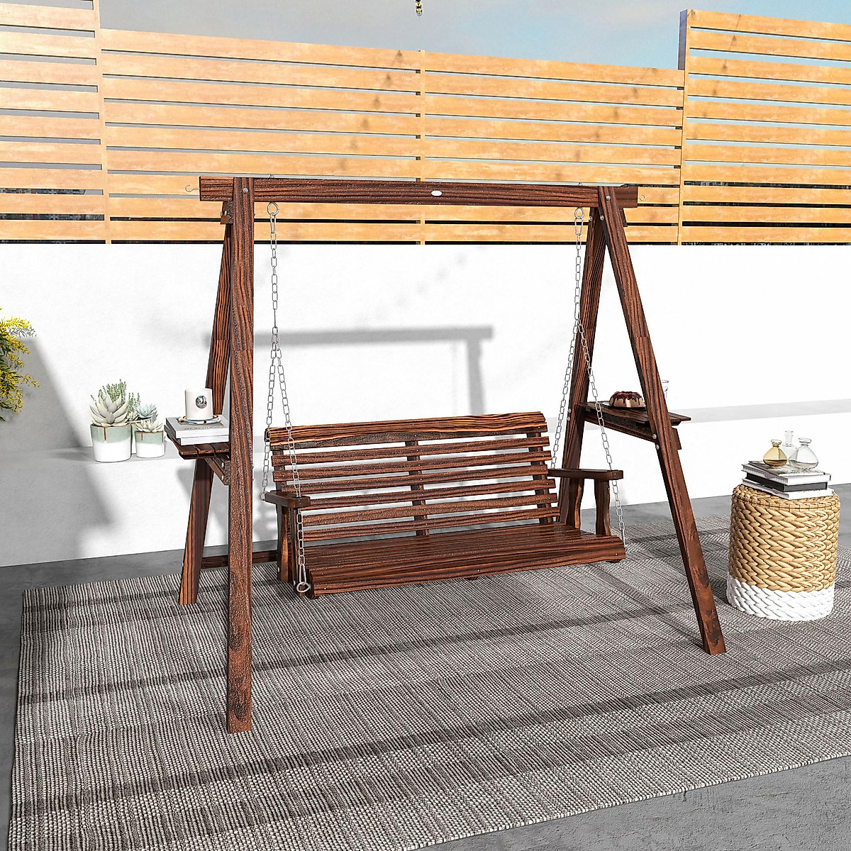 Outsunny 2-Seat Porch Swing Loveseat, Wooden Patio Swing Chair with Stand and Side Tables, for Garden, Poolside, Backyard, Carbonized