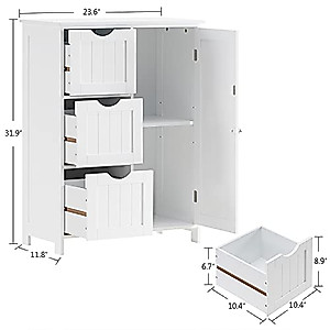 Reettic Bathroom Floor Cabinet, Wooden Freestanding Storage Cabinet, Side Storage Organizer with 1 Cupboard and 3 Drawers, Adjustable Shelf, 23.6" L x 11.8" W x 31.9" H, White BYSG101W