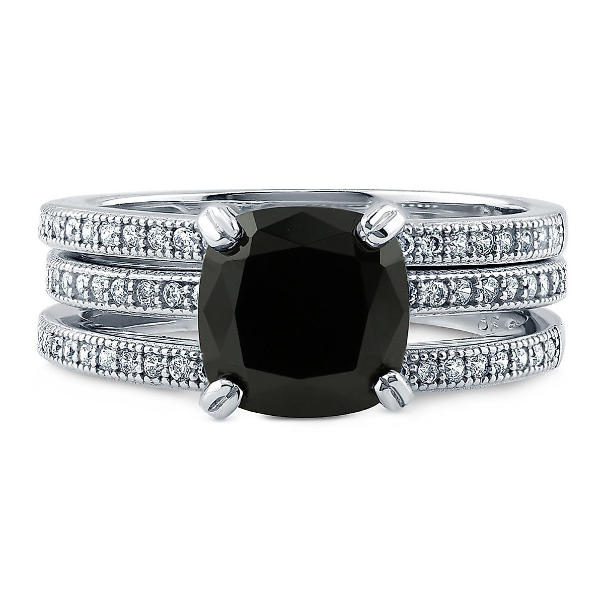 BERRICLE Sterling Silver Solitaire 3 Carat Black Cushion Cut Cubic Zirconia CZ Stackable Fashion Ring Set for Women, Rhodium Plated Size 7
