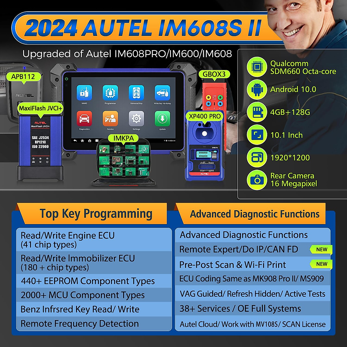 Autel MaxiIM IM608S II: 2024 Same as IM608 PRO II Top IMMO Key FOB Programming Tool, XP400 PRO GBOX3 APB112 IMKPA [Valued $1316], OE ECU Coding, 40+ Service, 3K+ Bidirectional, Up of IM608 PRO/ IM508S
