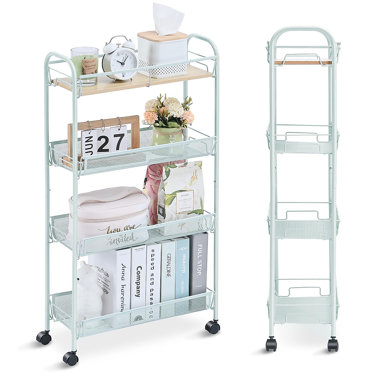 KINGRACK 4-Tier Slim Rolling Cart with Wooden Tabletop, Metal Utility Cart, Easy Assemble Slide Out Narrow Storage Cart for Narrow Space Kitchen Bathroom Laundry Room, Green