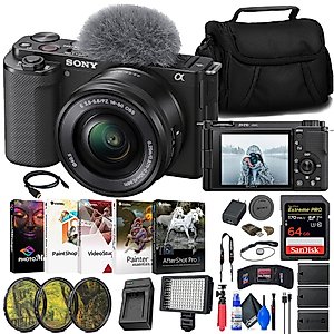 Sony ZV-E10 Mirrorless Camera with 16-50mm Lens (Black) (ILCZV-E10L/B) + 64GB Memory Card + Filter Kit + LED Light + External Charger + 2 x NPF-W50 Battery + Card Reader + More (Renewed)