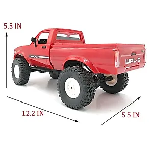 YIKESHU RC Rock Crawler WPL C24 RC Truck 4x4 1/16 RC Crawler Off Road All Terrain Car Proportional Throttle Steering Hobby RC Toy Climb Semi Truck LED Light RTR Trailer (Red)