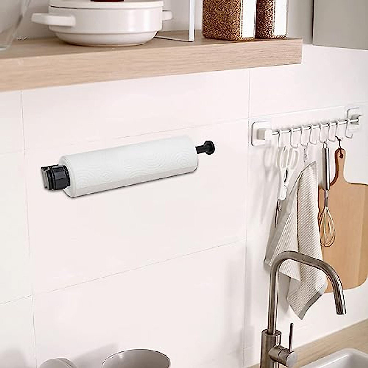 Paper Towel Holder - Under Cabinet Paper Towel Holder for Kitchen, Single Hand Operable Paper Towel Holder Wall Mount with Damping Effect, Adhesive Paper Towels Rolls Rack for Bathroom, Black