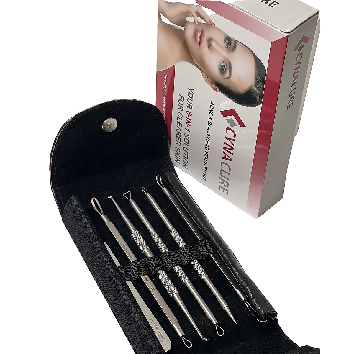 German Stainless Professional set of 6- Blackhead Remover Comedones Extractor Acne Removal Kit for Blemish,Whitehead Popping, Zit Removing for Nose Face Tools-Blackhead Removal w/zipper Leather case