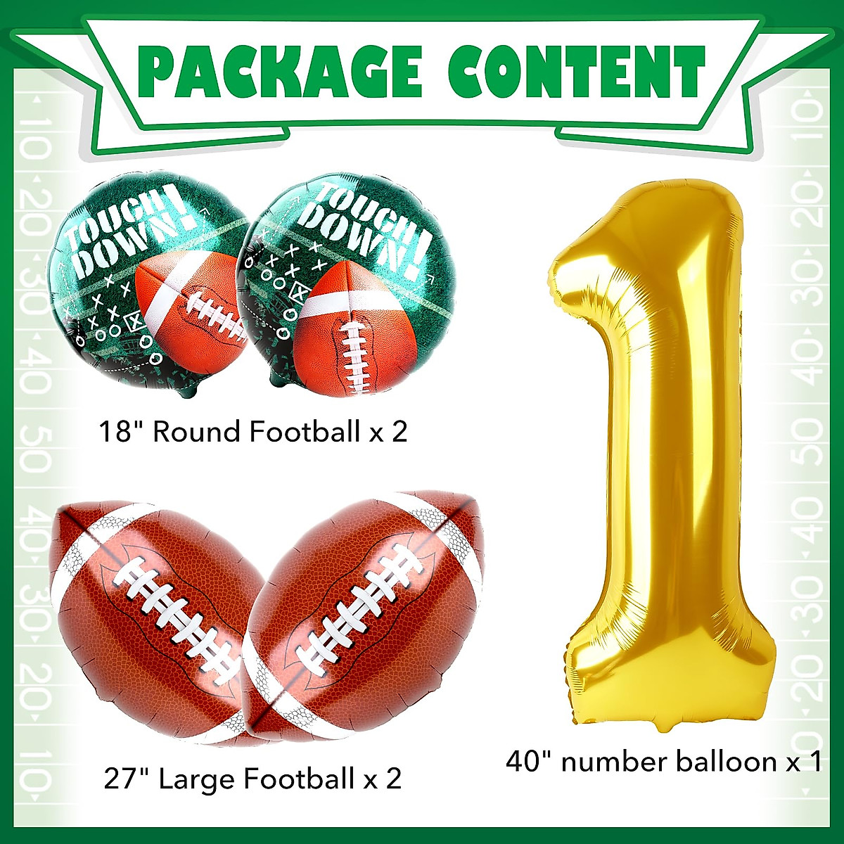 Dripykiaa 5Pcs First Year Down Football Birthday Party Balloon 40” Gold One Balloon Bouquet for First Birthday Football Foil Helium Balloons Birthday Party Decorations Party Supplies Backdrops for Boy