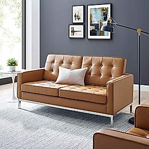 Modway Loft Upholstered Leather Mid-Century Modern Loveseat in Tan
