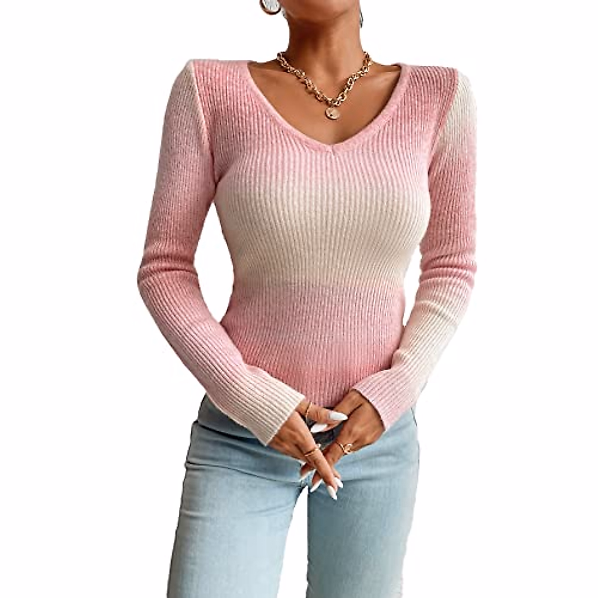 Floerns Women's Ombre Print Long Sleeve V Neck Rib Knit Pullovers Sweater Top Pink M