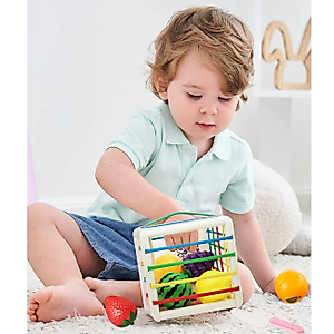 TwKueor Baby Shape Sorting Cube with Kitchen Cutting Fruit Toys, Sensory Bin with Colorful Elastic Rope for Toddlers, Babies and Kids Early Educational Montessori Learning Developmental STEM Toys