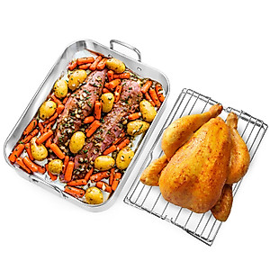 TOPZEA Stainless Steel Roasting Pan with Rack, 16 Inch Classic Rectangular Turkey Roaster Pan with 2 In 1 Grill Rack & Handle, Large Broiling Baking Pan Oven Cookware for Chicken, Steak, Meat, Lasagna