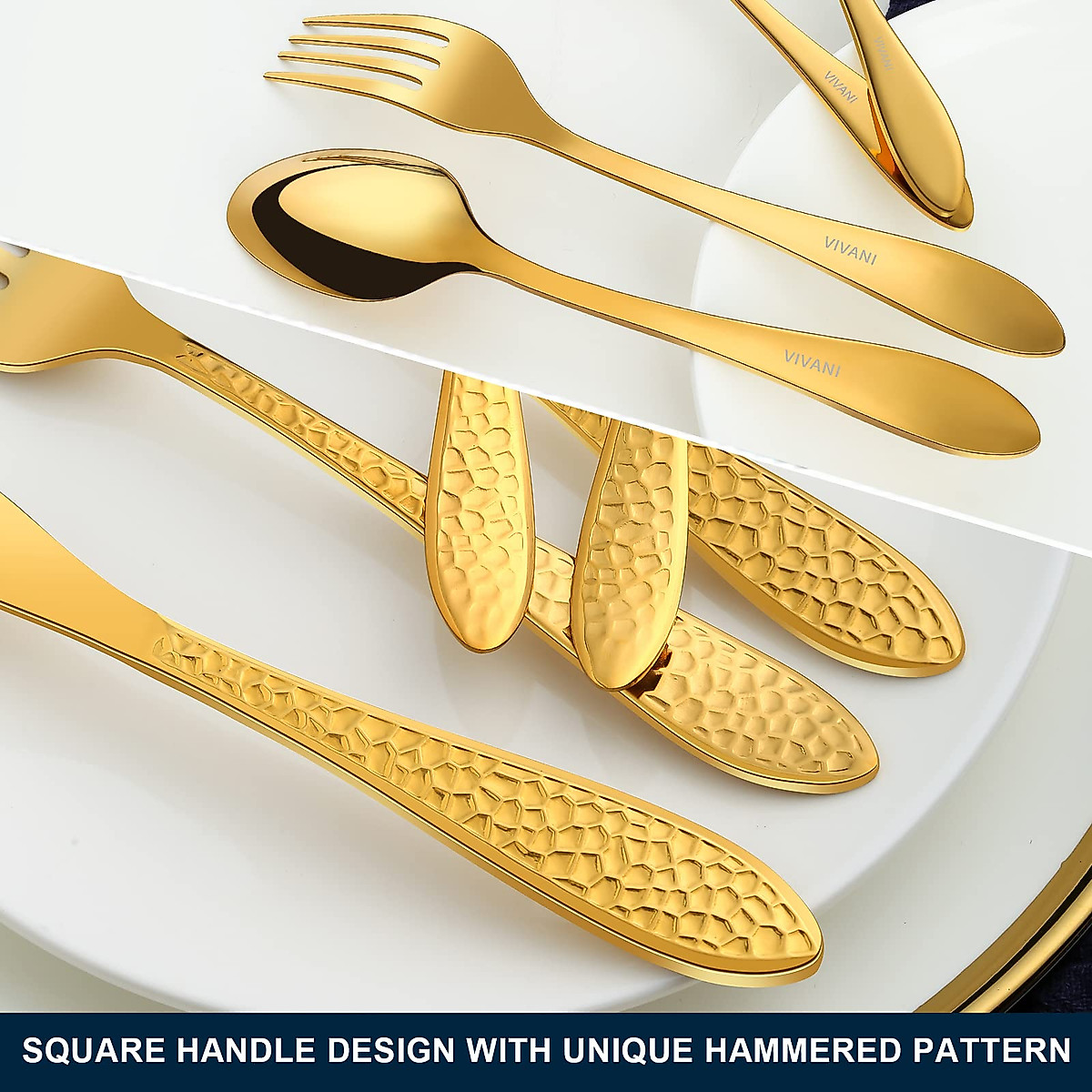 VIVANI Arlox 40-Piece Gold Vintage Silverware Set, Hammered Gold Flatware Set for 8, Stainless Steel Gold Utensils Cutlery Set, Mirror Polished, Dishwasher Safe